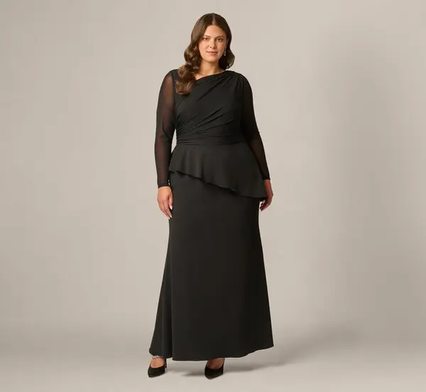 Adrianna Papell Knit Crepe Combo Mesh Gown - Black