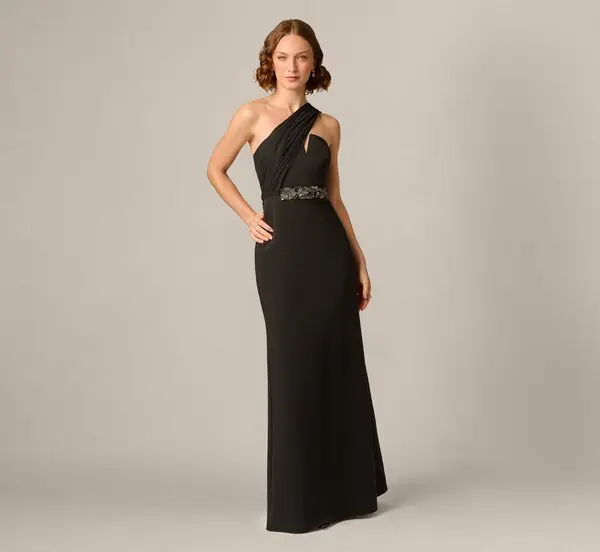 Aidan Mattox Strapless Beaded Waist Draped Scarf Gown