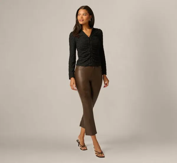 Adrianna Papell Long Sleeve Textured Semisheer Ruched Blouse