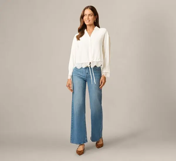 Adrianna Papell Long Sleeve Lace Trim Drawstring Hem Blouse - Ivory