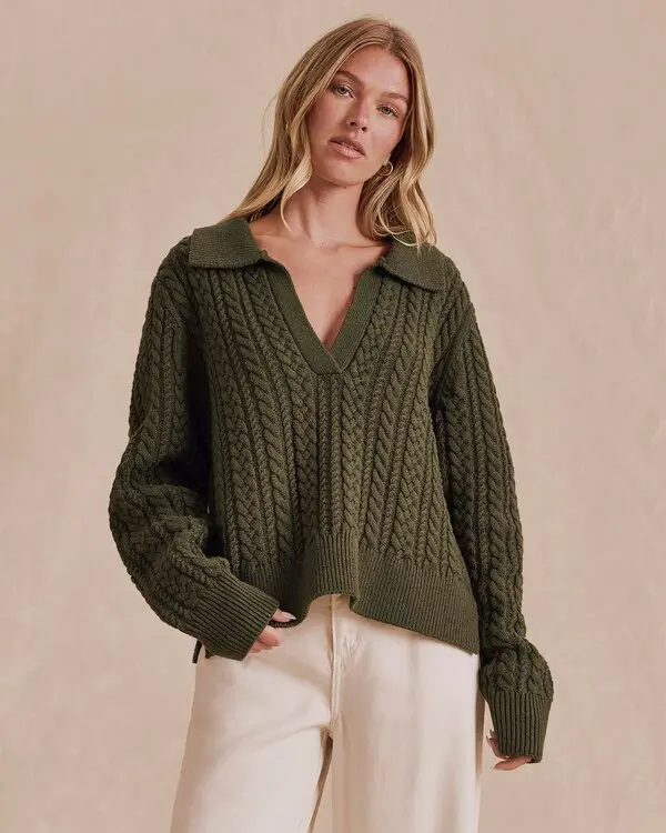 Splendid Jenson Polo Cable Knit Sweater - Pine