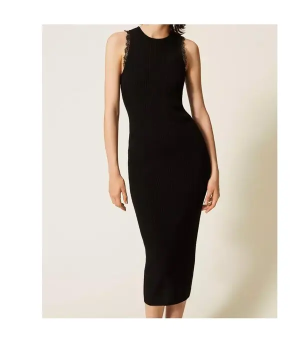 TWINSET Lace-trim Ribbed Midi Dress