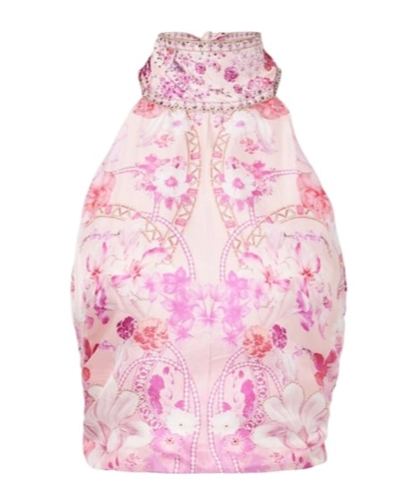 Camilla Floral Embellished Silk Halterneck Top - Pink
