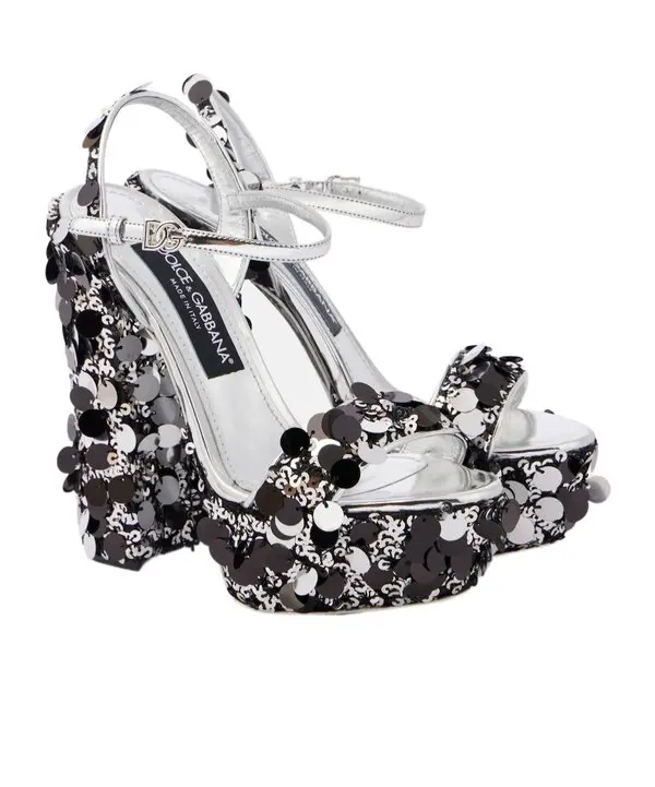 Dolce & Gabbana Sequined Faux Leather Platform Sandals - Silver