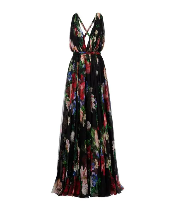 Dolce & Gabbana Floral Pleated Silk Chiffon Gown - Multi-color