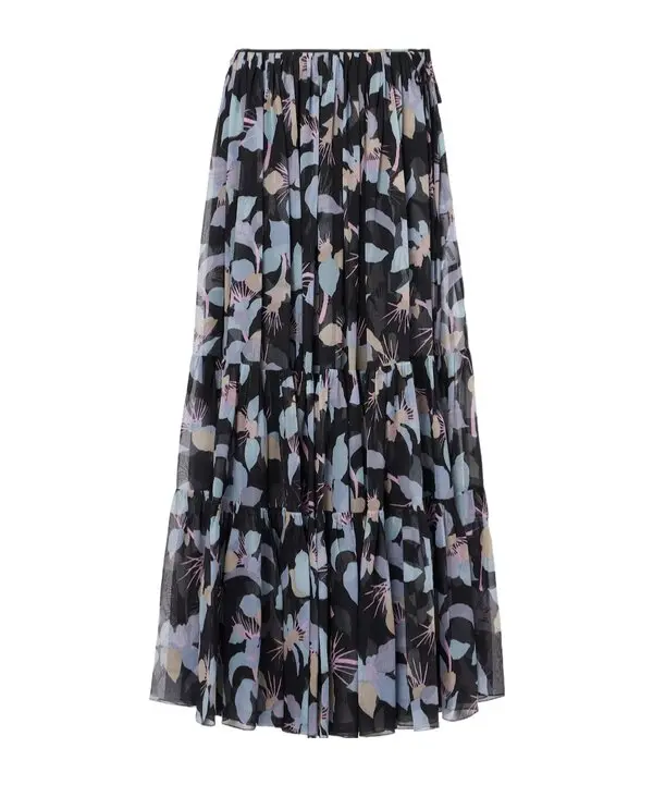 Chloé Floral Pleated Silk Maxi Skirt - Black
