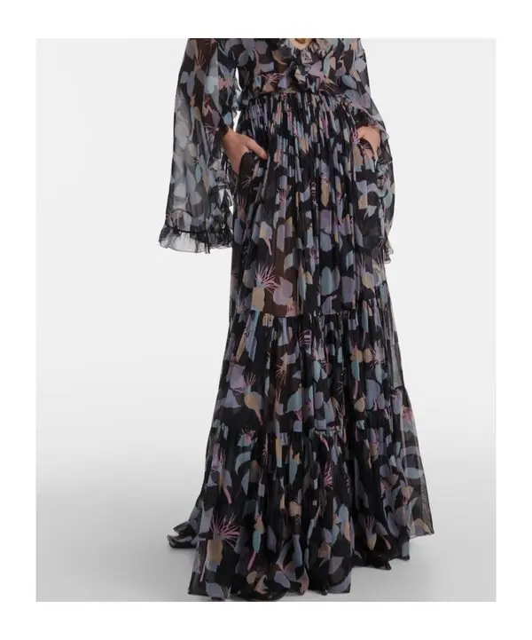 Chloé Floral Pleated Silk Maxi Skirt