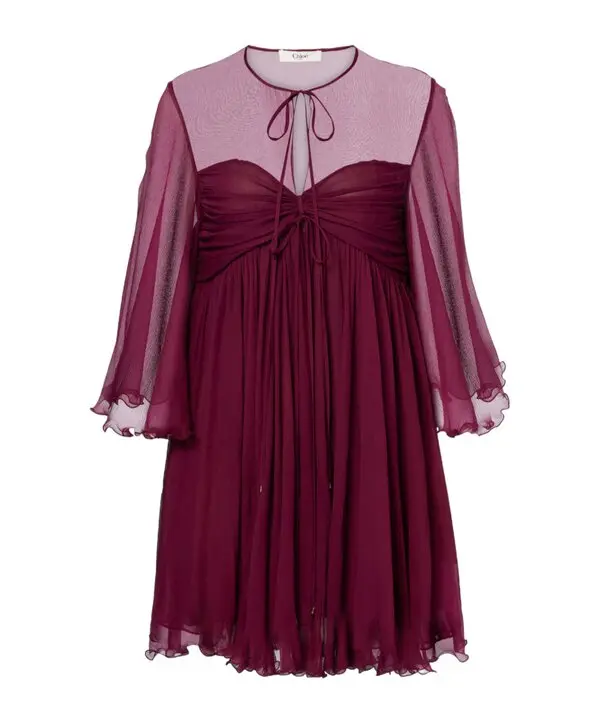 Chloé Sheer Ruched Silk Minidress - Wine Red