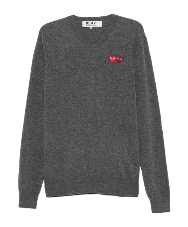 Play Comme Des Garcon V-neck Sweater With Heart Appliqu - Medium Gray