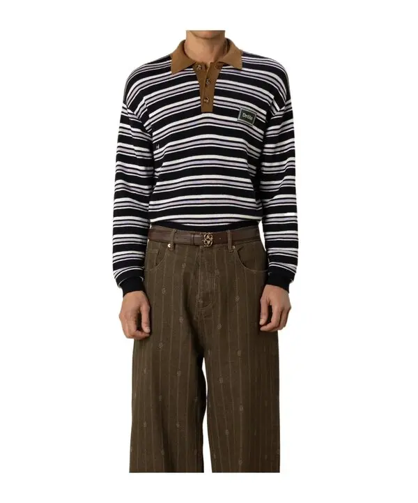 Drole De Monsieur Drôle De Long Sleeved Striped Knitted Polo Shirt - Ny