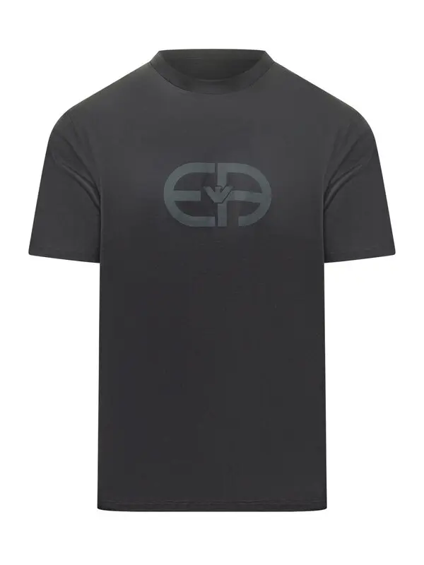 Emporio Armani Logo Front T-shirt In Lyocell & Cotton Blend - Blue Navy