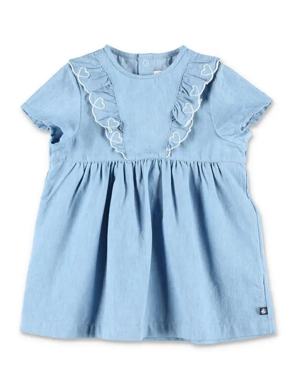 Petit Bateau Mini Chambray Cotton Baby Dress With Heart Embroidery - Blue