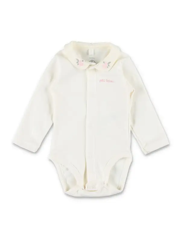 Petit Bateau Mini Floral Embroidered Cotton Bodysuit With Peter Pan Collar - Beige