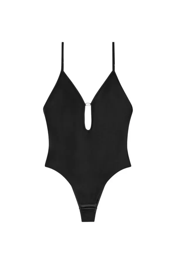 DIESEL® Deep V-neck Open-back Bodysuit With Tone-on-tone Oval D Metal Plate - Nero