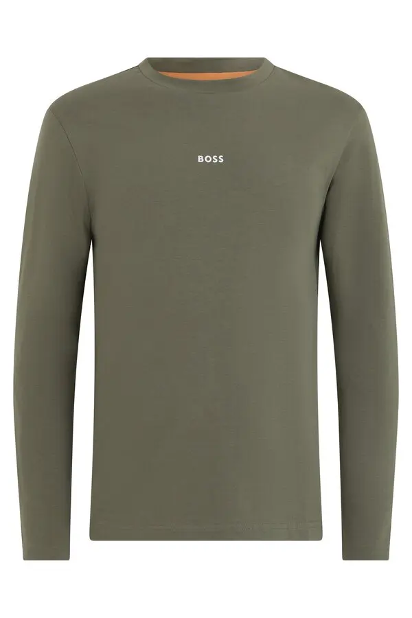 BOSS Elastic Cotton Long-sleeve Shirt With Minimalist Round Neck - Khaki