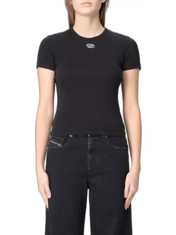 DIESEL® Ribbed Texture Logo Detail Crew Neck T-shirt For - Black