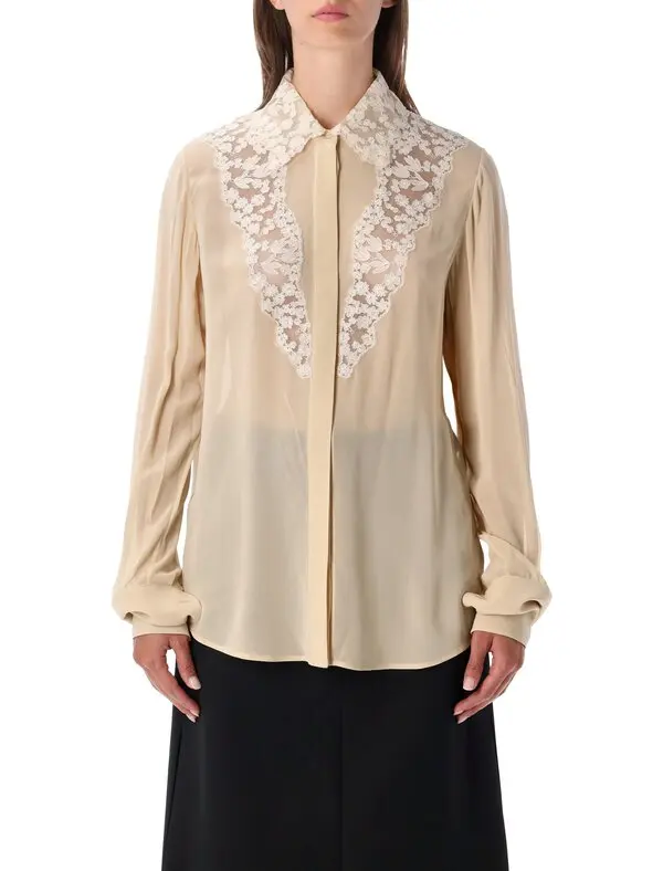 Fendi Silk Georgette Lace Inset Shirt - Bianco