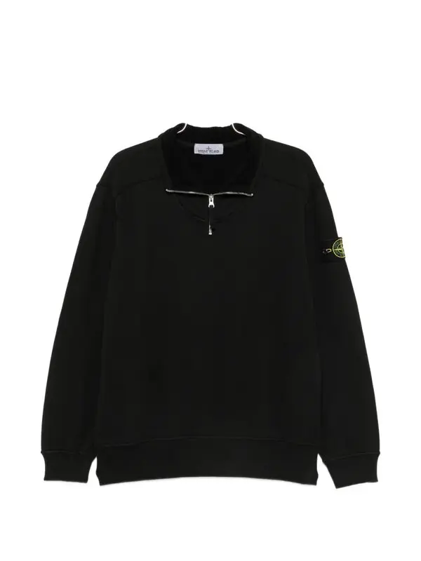 Stone Island Comfort Fit Cotton Zip-front Sweater With Ribbed Inner Placket And Badge Detail - Nero