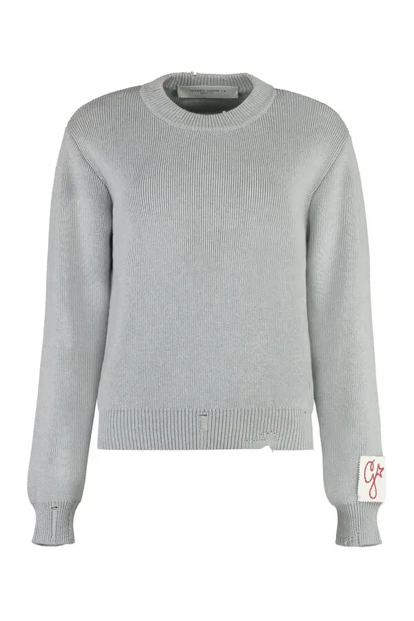 GOLDEN GOOSE Distressed Cotton Crew-neck Sweater With Ribbed Edges - Grey