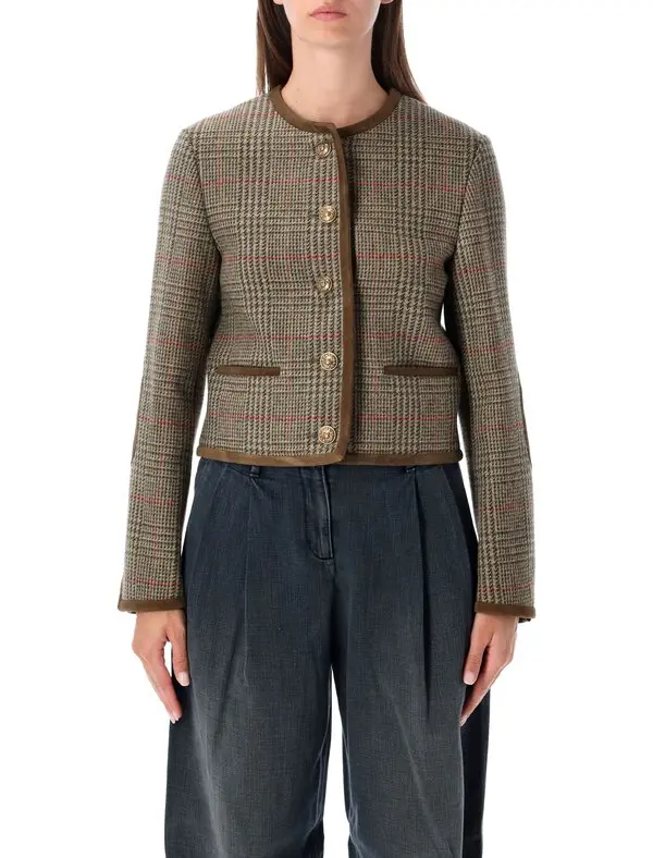 GOLDEN GOOSE Cropped Plaid Wool Jacket With Metal Trims - Grigio