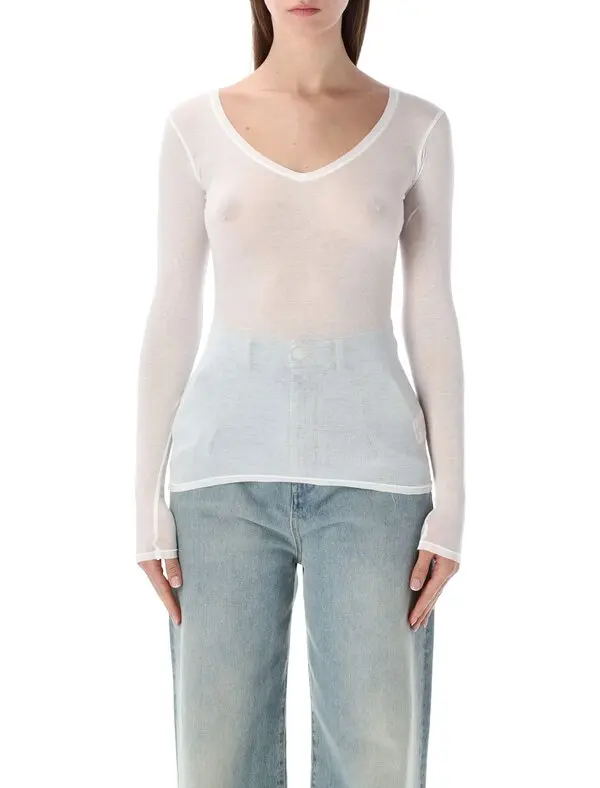American Vintage Ribbed V-neck Long Sleeve T-shirt - White