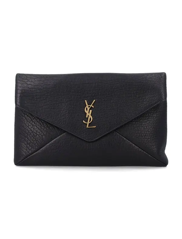 Saint Laurent Leather Envelope Clutch With Gold Tone Logo - Nero