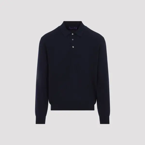 Ralph Lauren Purple Label Ribbed Cashmere Polo Neck Sweater - Blue