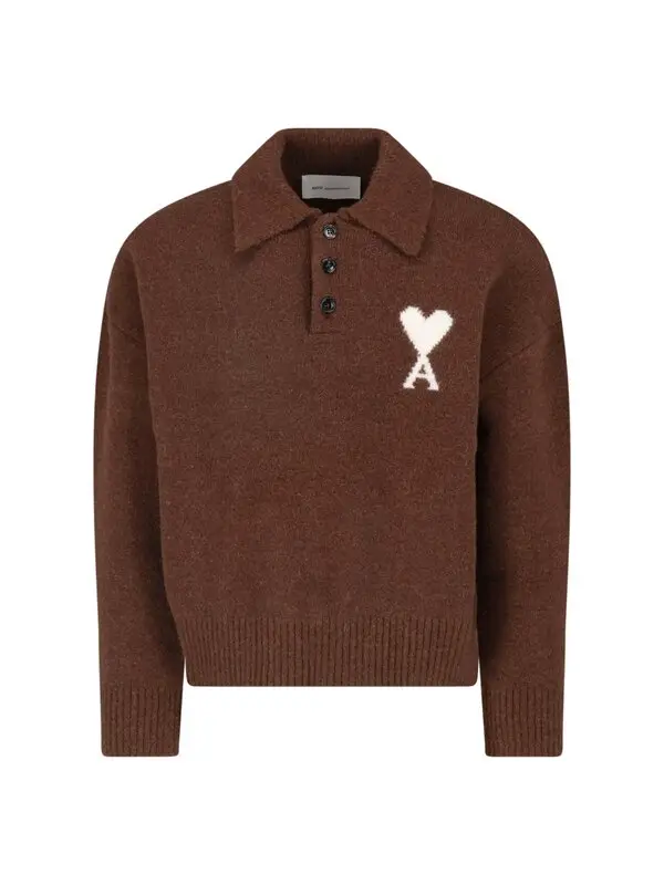 AMI Paris Wool-blend Knit Polo Sweater - Brown