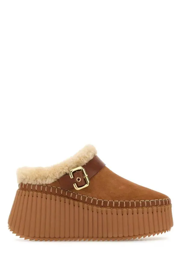 Chloé Platform Mini Suede Nama Slippers With 6 Cm Platform - Camel