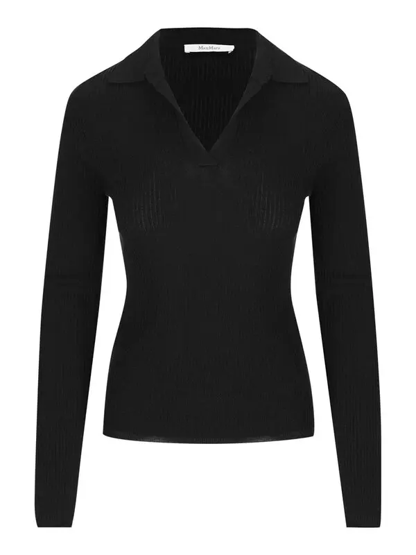 Max Mara Silk-cashmere Blend Sweater With Open Polo Collar - Nero