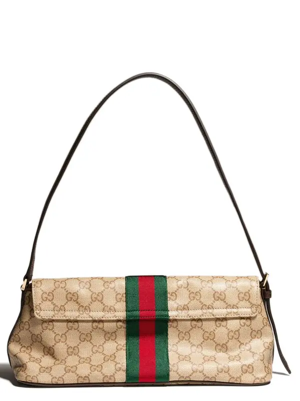Gucci Gg Coated Canvas Shoulder Bag With Adjustable Leather Strap, 13 Cm X 31 Cm X 11.5 Cm - Beige