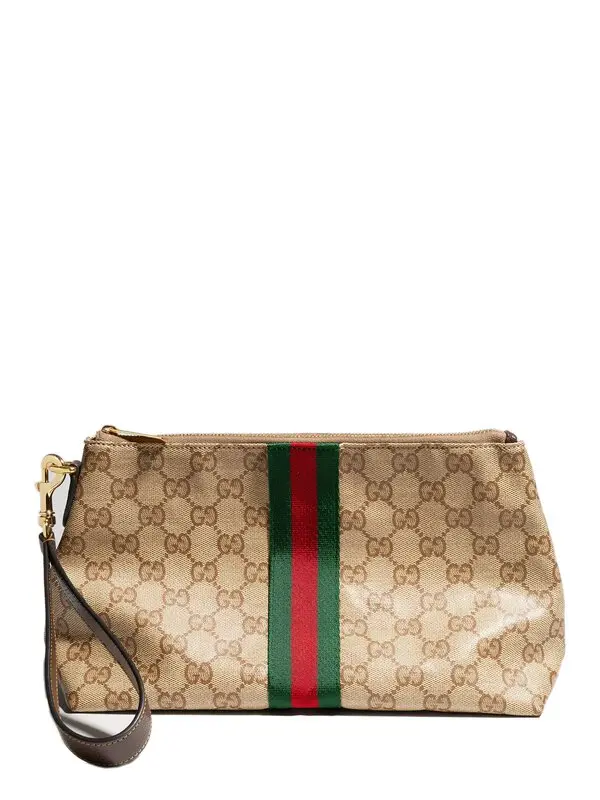 Gucci Gg Coated Canvas Wristlet With Web Stripe And Leather Trim - Beige
