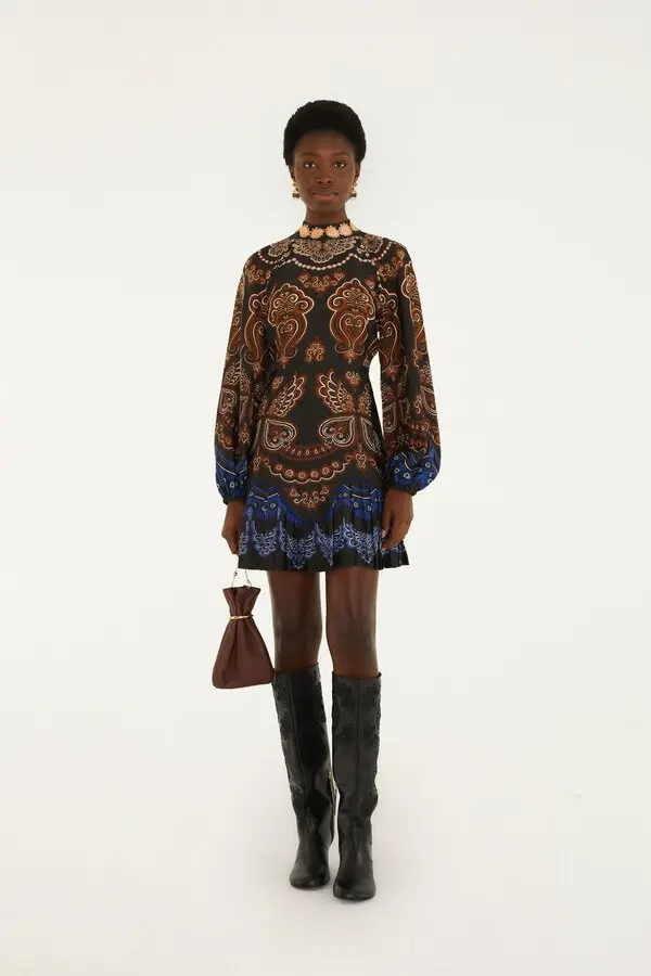 Farm Rio Nicole Ruffled Long Sleeve Mini Dress - Nicole Black
