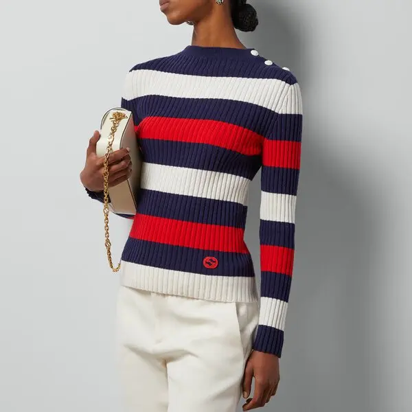 Gucci Striped Rib Stitch Wool Top 'ivory Blue Red