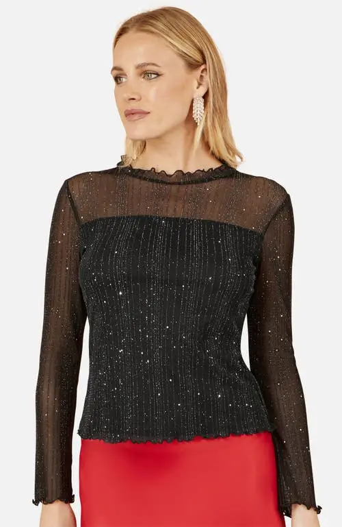 YUMI Sparkle Print Mesh Stretch Fitted Top - Black