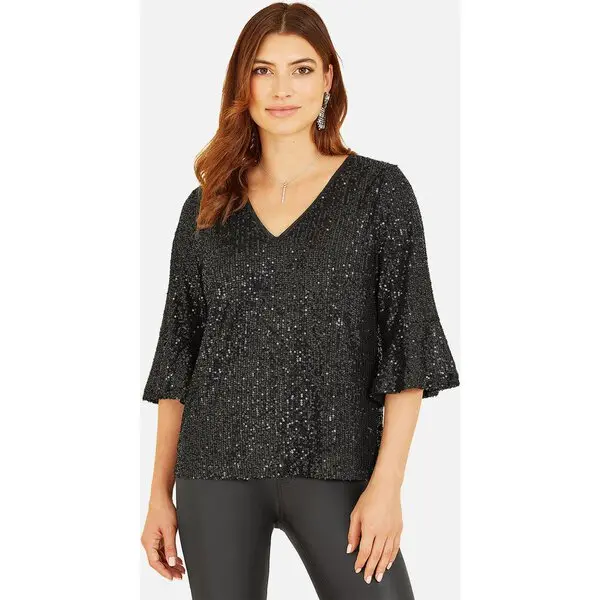 YUMI Sequin V-neck Fluted Sleeve Top
