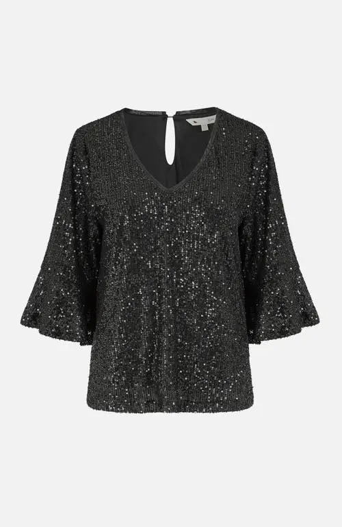 YUMI Sequin V-neck Fluted Sleeve Top