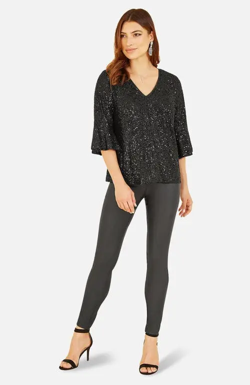 YUMI Sequin V-neck Fluted Sleeve Top