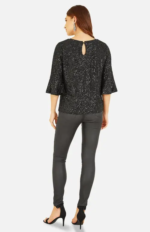 YUMI Sequin V-neck Fluted Sleeve Top