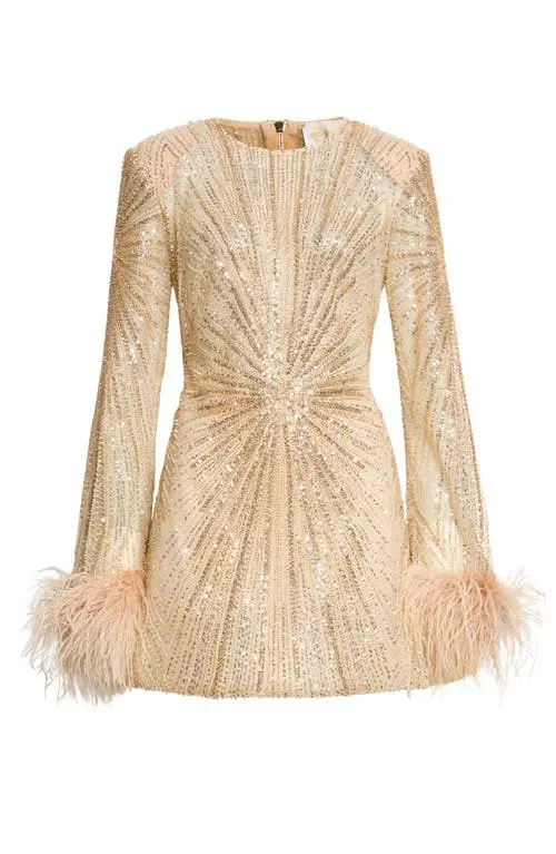BRONX BANCO Sequin And Feather Embellished Long Sleeve Cocktail Minidress