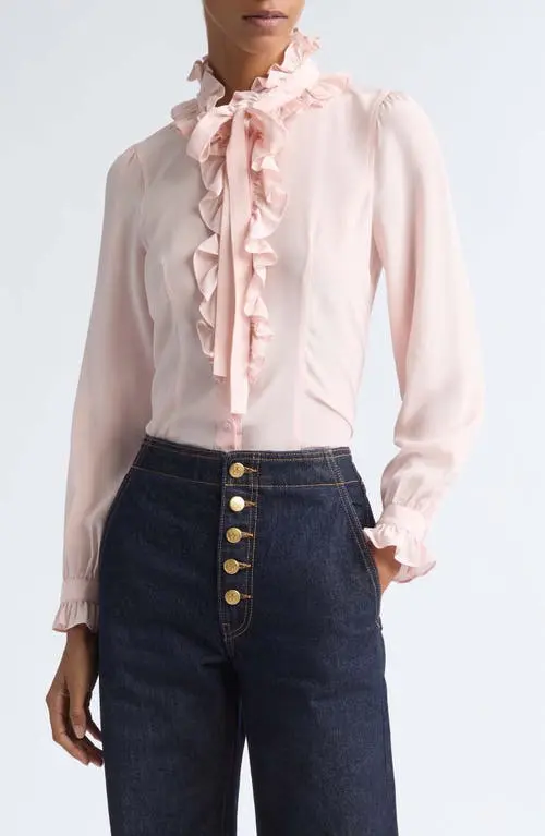 Ulla Johnson Catroux Ruffle Neck Silk Top - Powder