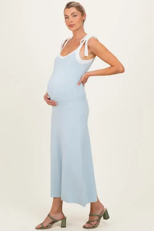 PINKBLUSH Blue Knit Contrast Shoulder Tie Dress