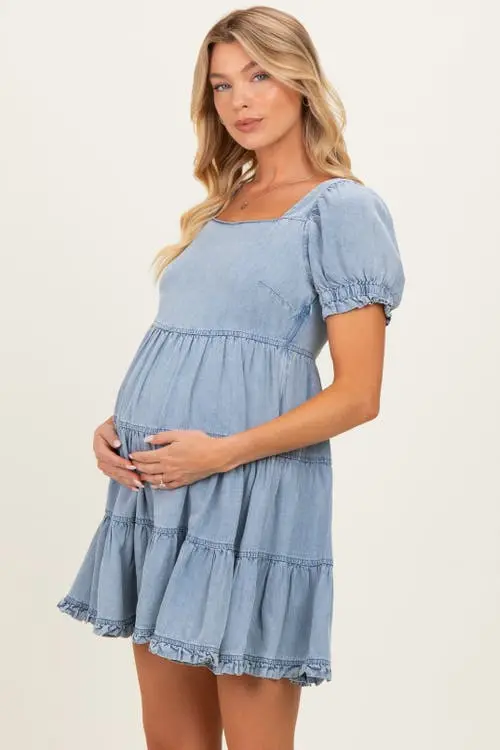 PINKBLUSH Blue Denim Washed Chambray Tiered Babydoll Mini Dress