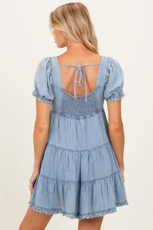 PINKBLUSH Blue Denim Washed Chambray Tiered Babydoll Mini Dress