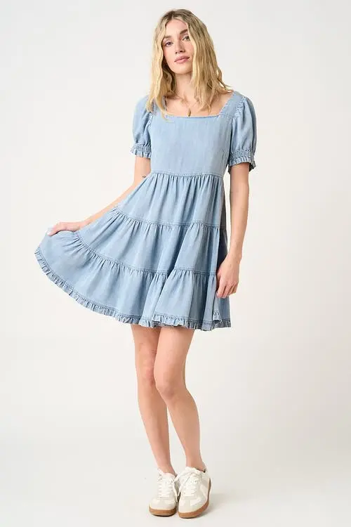 PINKBLUSH Blue Denim Washed Chambray Tiered Babydoll Mini Dress