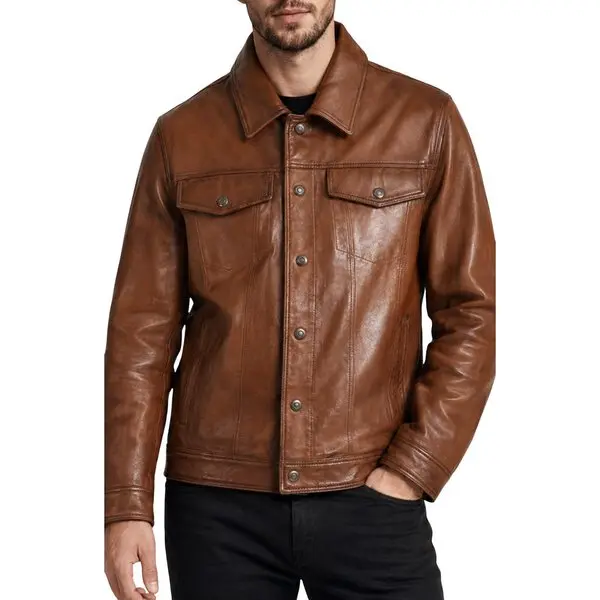 THE FRYE COMPANY Vintage Leather Trucker Jacket - Brown