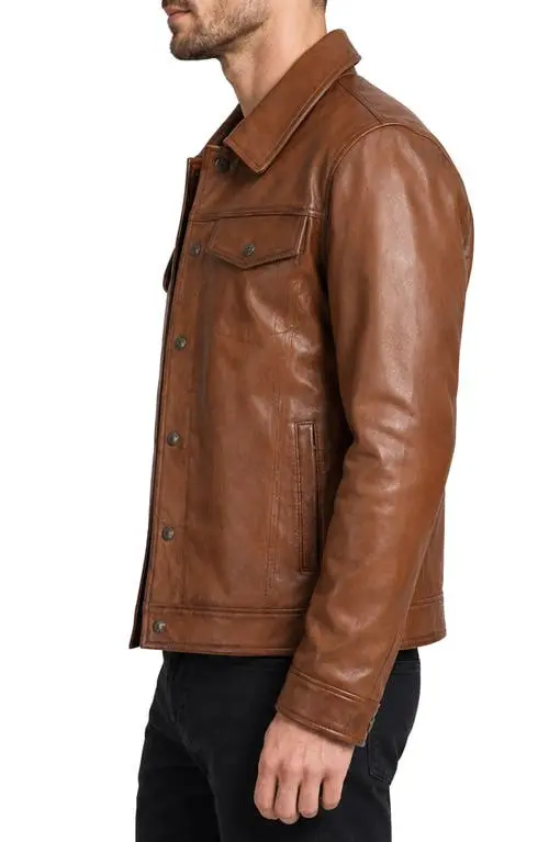 THE FRYE COMPANY Vintage Leather Trucker Jacket - Brown