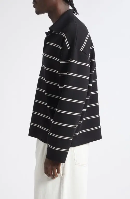 AMI Paris De Coeur Embroidered Stripe Long Sleeve Cotton Polo Sweater - Noir/blanc