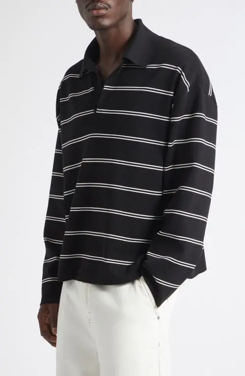 AMI Paris De Coeur Embroidered Stripe Long Sleeve Cotton Polo Sweater - Noir/blanc