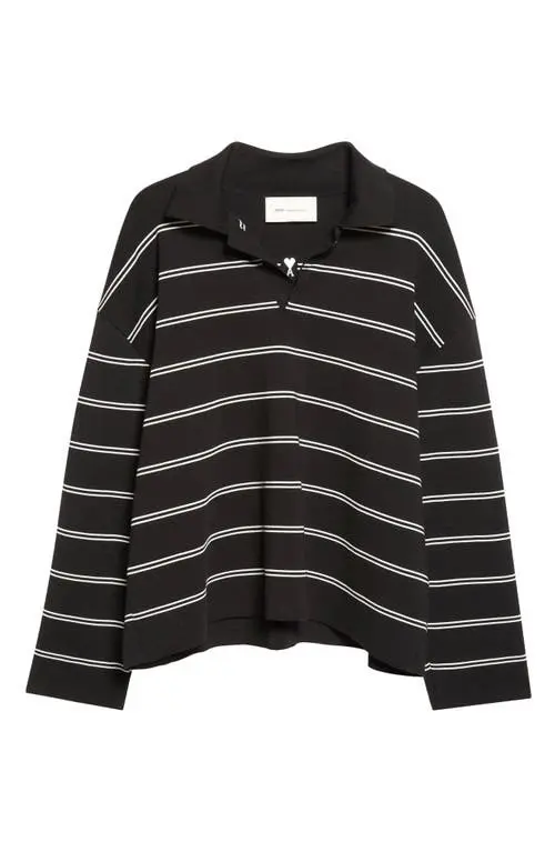 AMI Paris De Coeur Embroidered Stripe Long Sleeve Cotton Polo Sweater - Noir/blanc